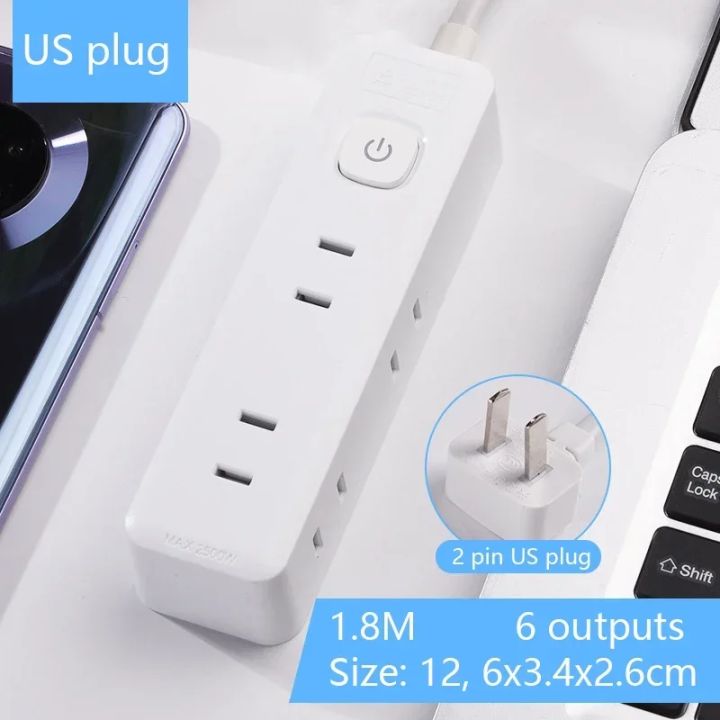 2 Pin US Plug Power Strip with 6 Outlets Mini Portable 1.8M Extension ...