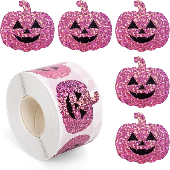 500pcs Halloween Sticker Roll Laser Pink Pumpkin Shape Sealed Sticker ...