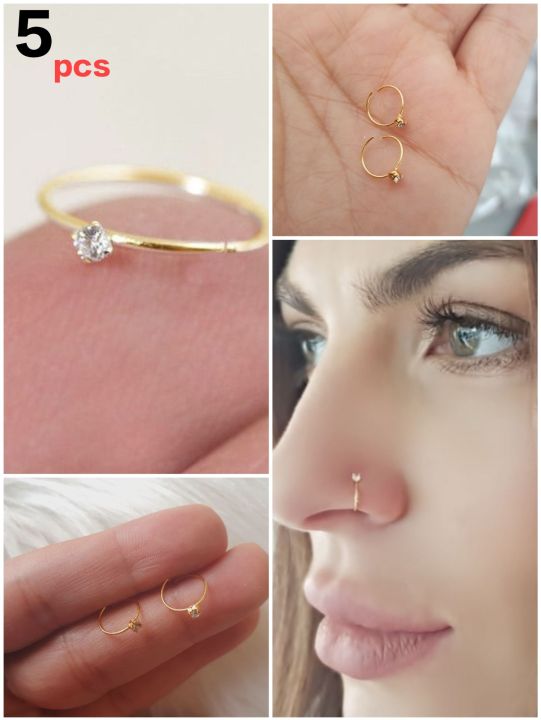 Single Stone Nose Ring (5 pcs) Golden color and multicolor Nose cuff ...