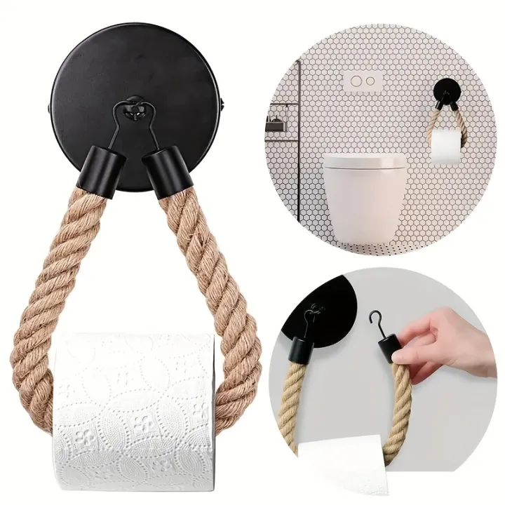 Toilet Roll Paper Holders Retro Hemp Rope Punchless Wall Mounted Rack ...