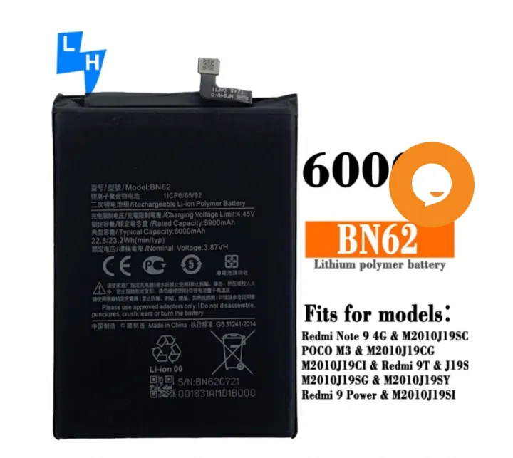 100% Original BN62 Battery for Poco M3, Xiaomi Mi Redmi Note 9 4G ...