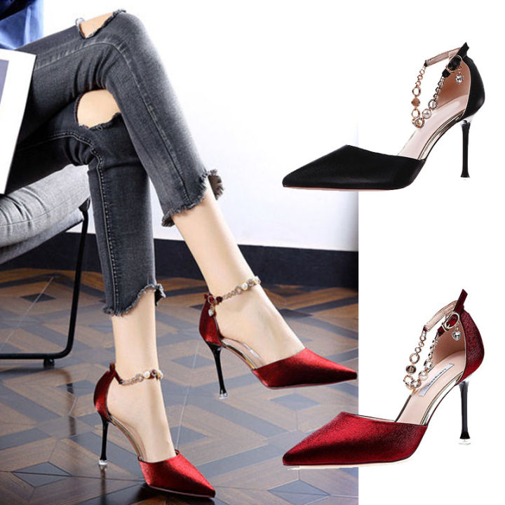 New high heels sandals for women wine red buckle single word Korean ...