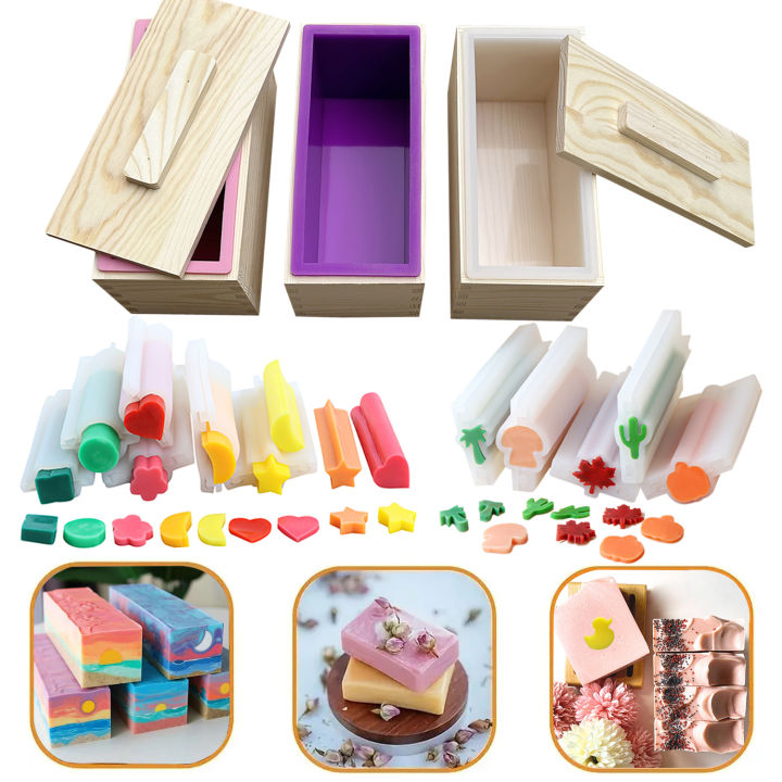 Rectangle Wooden Box Soap Mold Kits 600ml Silicone Soap Mold Flexible ...