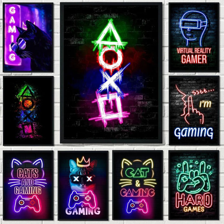 Nordic Neon Cat and Gaming Controller Quotes HD Posters Canvas Painting ...