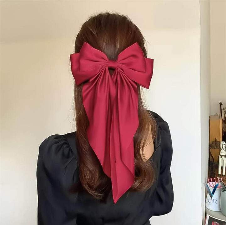 Women Bow Ribbon Hair Clip Fashion Simple Solid Satin Spring Clip Hair ...