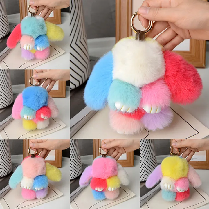 1PC 15cm Rabbit Keychain Ring Fluffy Real Fur Pompon Bunny Trinket Key ...