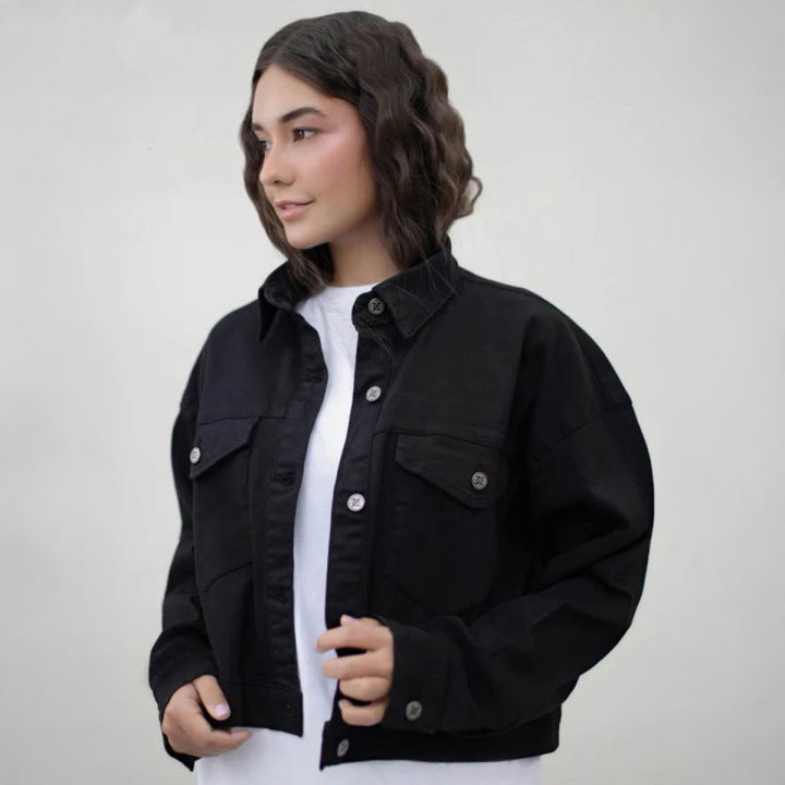 Black Denim Short Body Jacket for Women, Premium Stretch Fit, Button ...