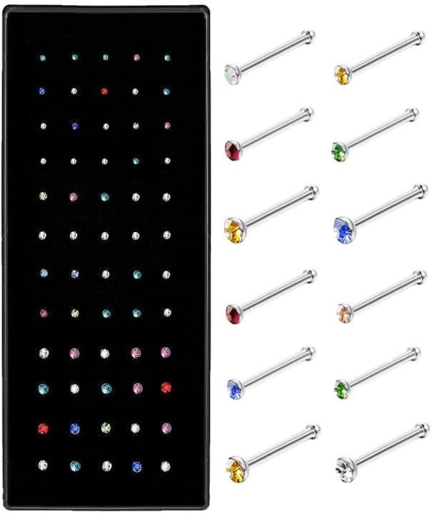 5 Pcs Silver And Multicolor Nose Pins Stainless Steel Nose Rings Naak ...