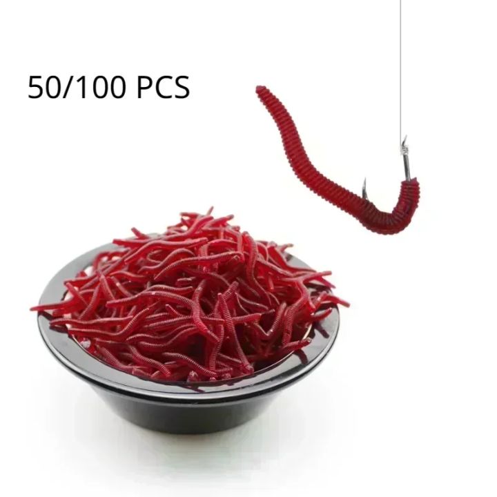 50/100PCS Soft Lure Bass Bream Bloodworm Fishing Earthworm Worm Rubber ...