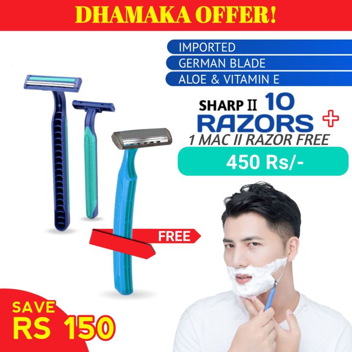 10 Pcs Stainless Steel Sharp 2 Layers Razors + 1 Pc Long Handle MAC II ...