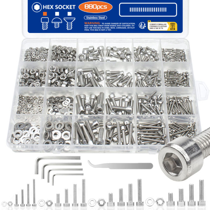 880pcs Stainless Steel Hex Socket Nut & Bolt Set Durable M2 M3 M4 M5 ...