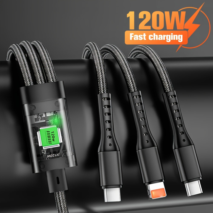 1.2m Nylon data cable Micro USB/Type C/IOS Phone Data Cable 3 in 1 with ...