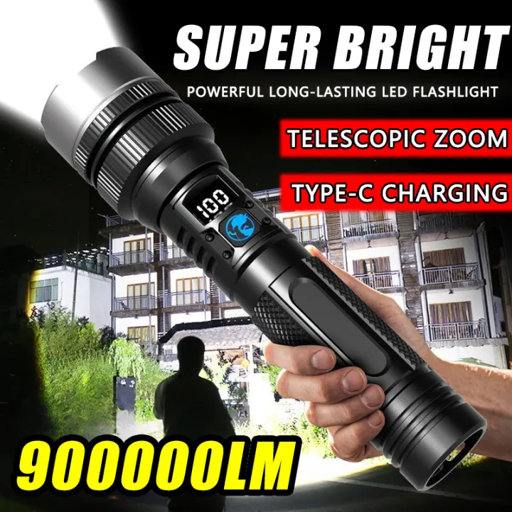 900000LM Powerful LED Flashlight Zoom Torch with Digital Display ...