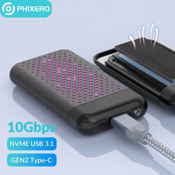 PHIXERO RGB M2 SSD Case Nvme HD Enclosure USB 3.1 Gen2 Type C 10Gbps M ...