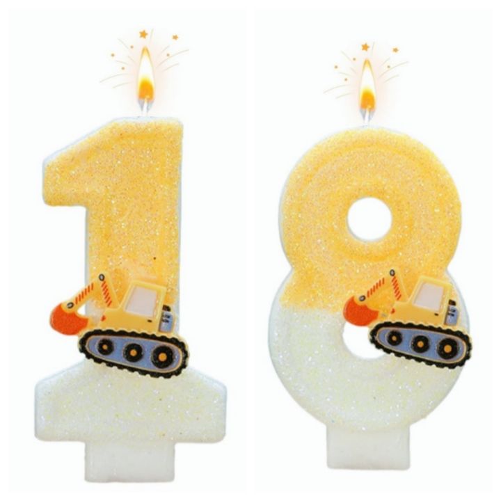 cartoon 0-9 Yellow and white engineering vehicle digital candle ...