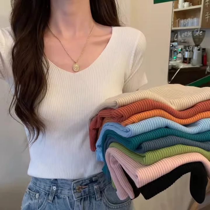 Basic V-neck Solid Thin Summer Pullover Women Female Knitted Ribbed ...