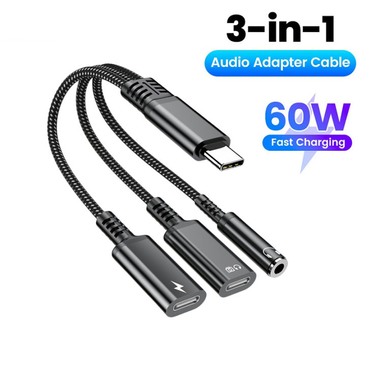 PD 60W Type C to Dual Type C 3.5mm Headphone and Charger Adapter 3 in1 ...