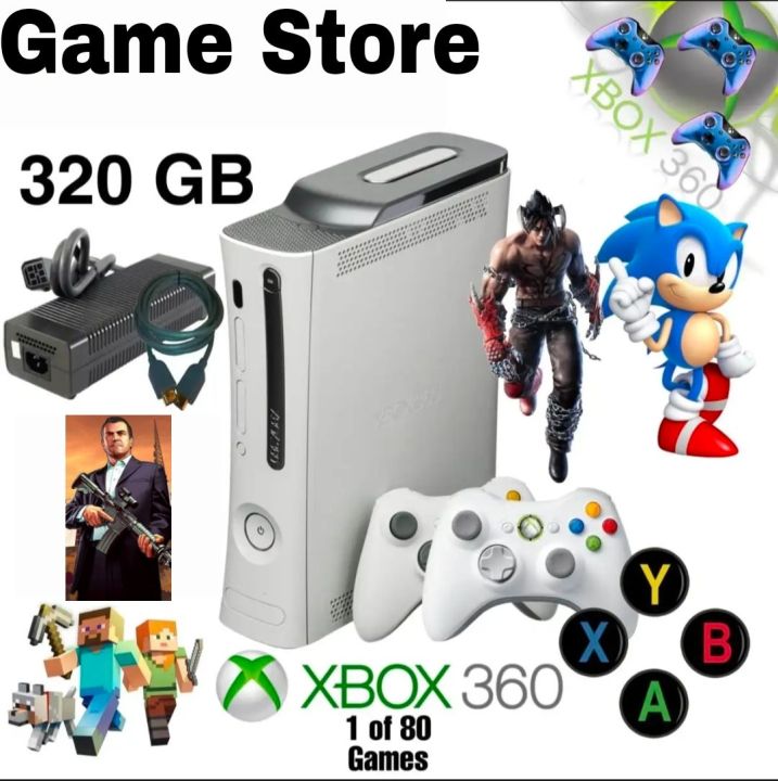 XBOX 360 320GB 80 Games installed with 2 wireless controller power cable hdmi and power supply ...