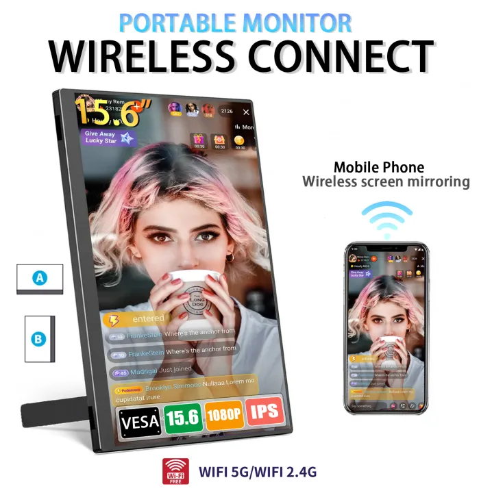 15.6” Wireless Portable Monitor 1080P 16:9 IPS Panel Secondary Display ...