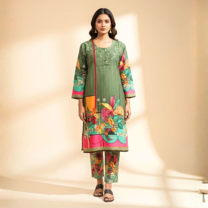 Olive Green Printed Linen Stitched 2-Piece Suit for Women - Floral ...