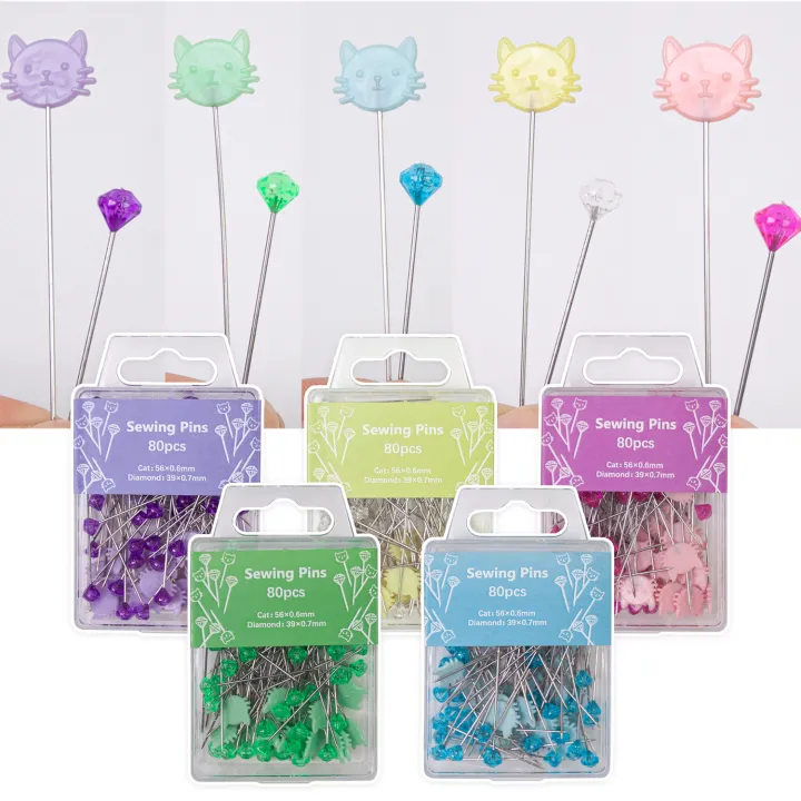 Cat-Shaped Diamond Head Pins - 80pcs Multi-Color Sewing Pins for Fabric ...