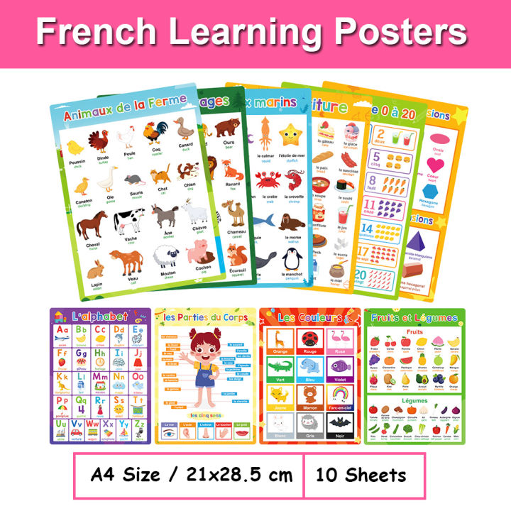 French English Bilingual Words Learning A4 Posters Charts for Kids ...