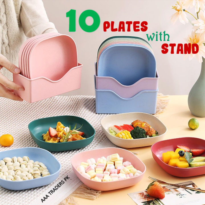 10 Plates with Stand Multi-function Dish Household Plastic Dish Round ...