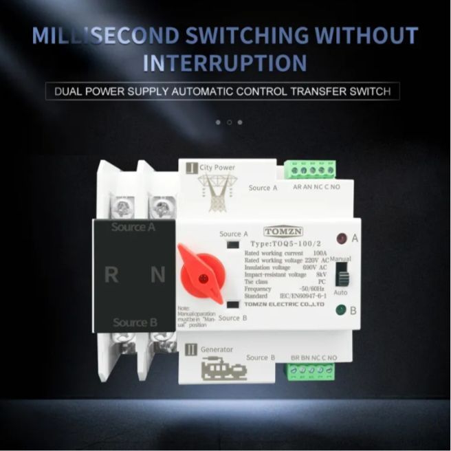Tomzn Single Phase Din Rail ATS Dual Power Automatic Transfer Electrical Selector Switches ...