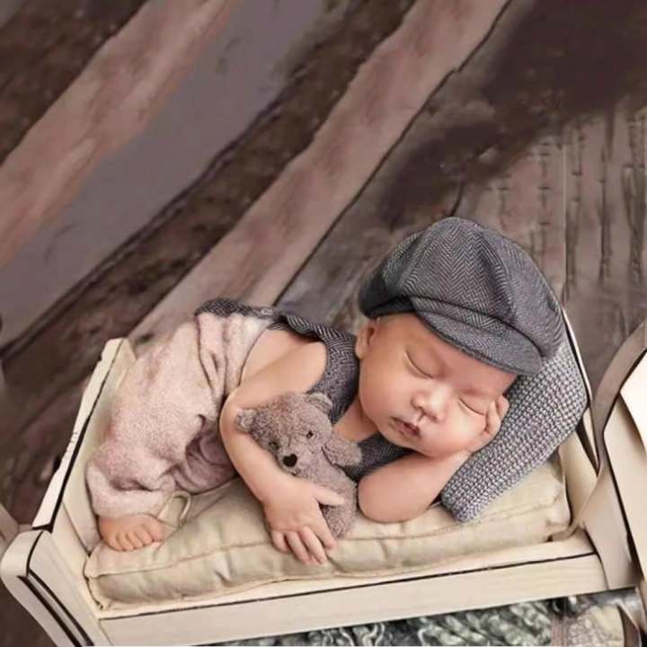 Newborn Photography Outfit Baby Beret Romper Overalls Set Infant ...