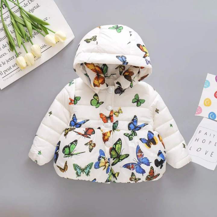 Girls' Winter Butterfly Print Crew Neck Parka Coat | Daraz.com.np