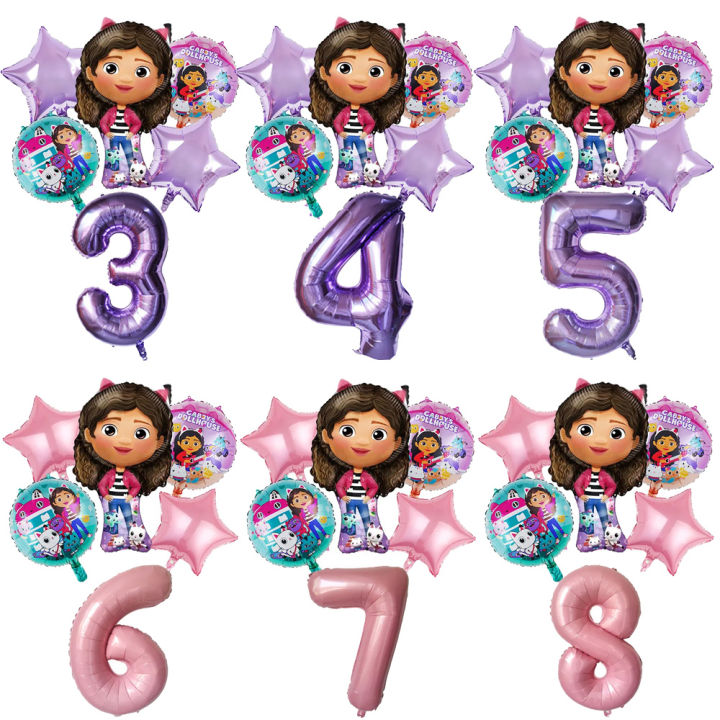 6pcs Gabby Dollhouse Cats Balloons Birthday Party Decorations Purple ...