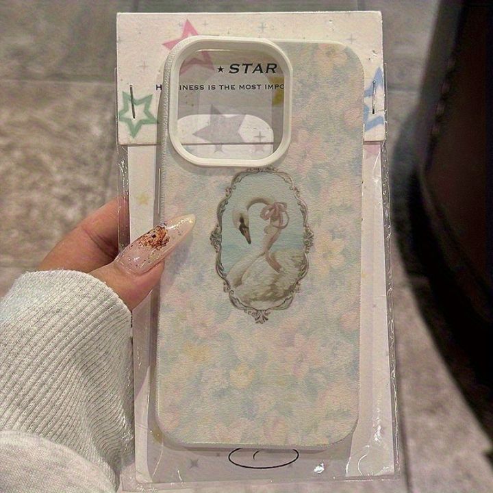 A Phone Case with a Bow and Swan Print in Lychee Texture, Suitable for ...