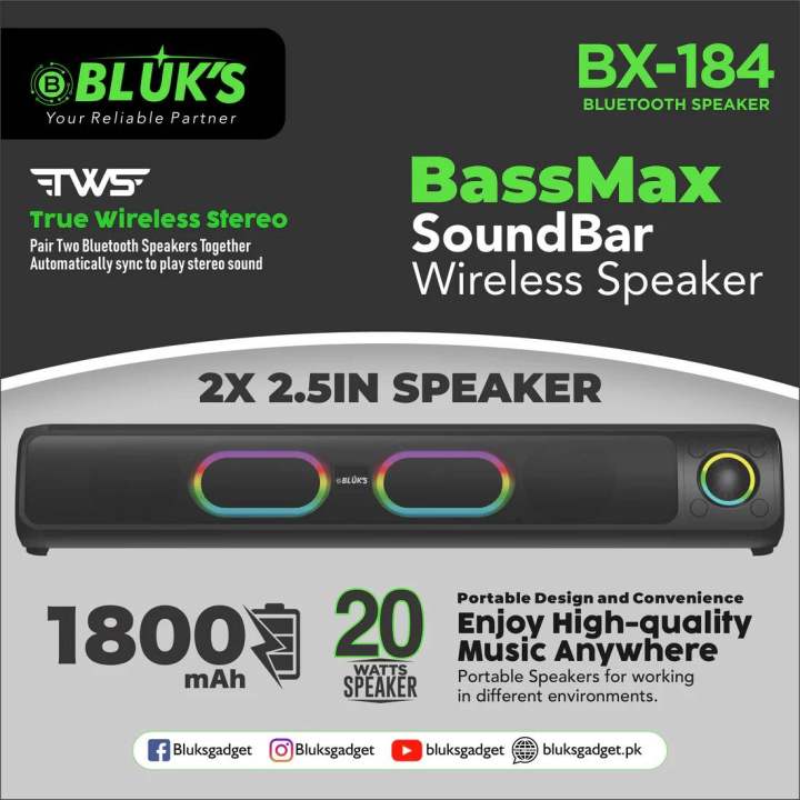 BLUK'S BX-184 BassMax SoundBar Bluetooth Wireless Speaker 20W - Bold Sound Sleek Design With RGB ...
