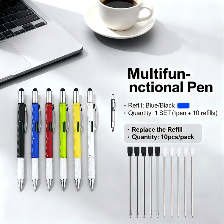 7 in1 Multifunction Ballpoint Pen with Ruler Screwdriver Stylus Spirit ...