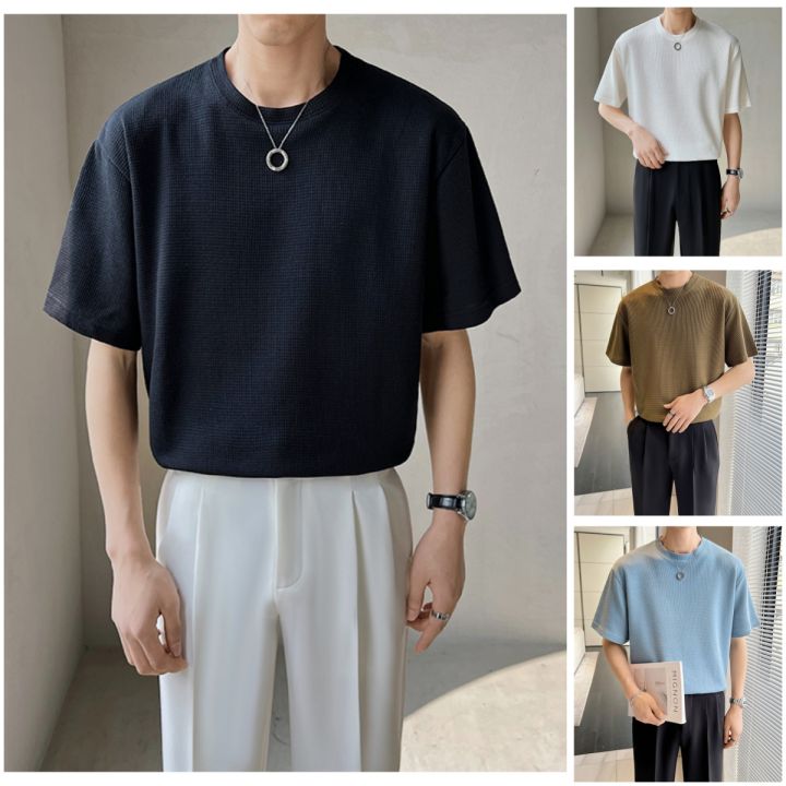 Proman-men's round neck waffle T shirt solid color easy to match ...