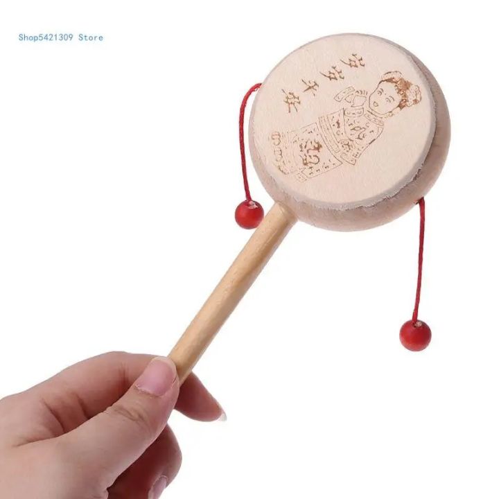 Wood Cartoon Chinese Traditional Spinning Rattle Drum Hand Bell Baby ...