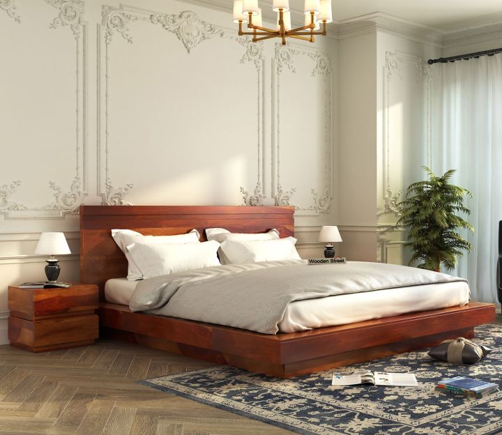 Florian Low Floor Solid Wood king size Bed With Two Side Tables | Daraz.pk