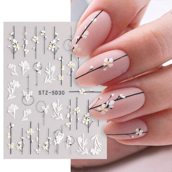 5D Simple Flowers Nail Embossed Stickers Elegant Wedding Design ...