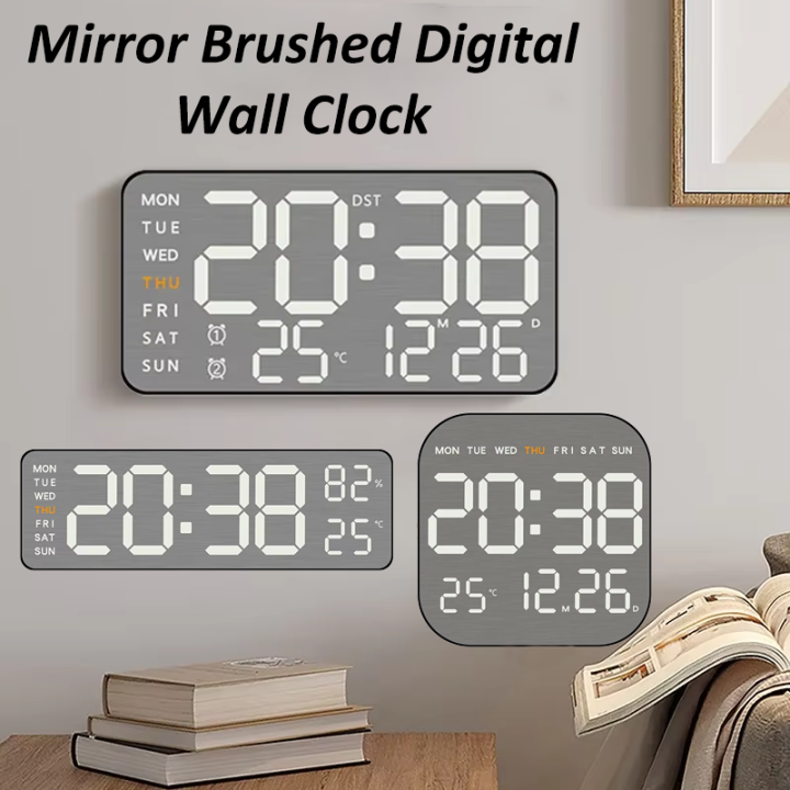 Mirror Brushed Digital Wall Clock Temp Week Display USB Powered Table ...