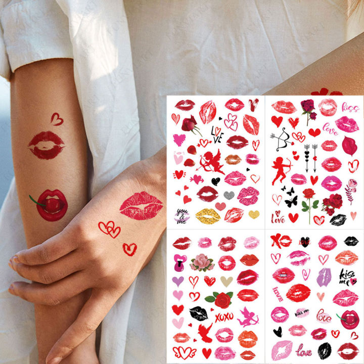 Sexy Lips Tattoo Stickers for Women Female Red Kiss Flower Heart ...