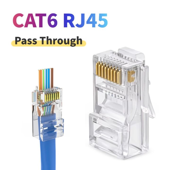 50/100pcs RJ45 Cat6 Pass Through Connector Gold Plated Unmodule Plug ...