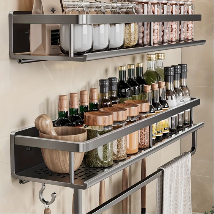 Aluminum Wall-Mounted Shelf Multifunctional Kitchen Spice Storage Rack ...