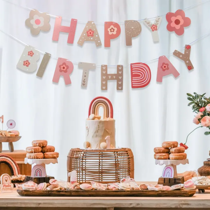 INS Bohemian Boho Rainbow Paper Banner Happy Birthday Party Decorations ...