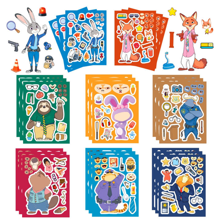 8 Sheets Make a Face Disney Zootopia Puzzle Stickers Cute Anime Animals ...