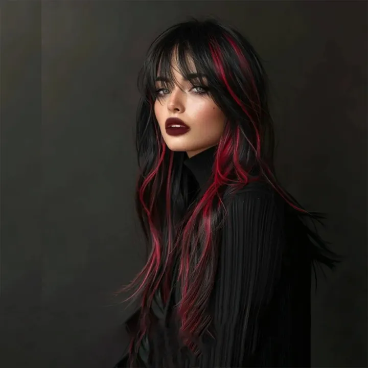 Long Wavy Black Blend Red Wig with Bangs Black Highlight Red Synthetic ...