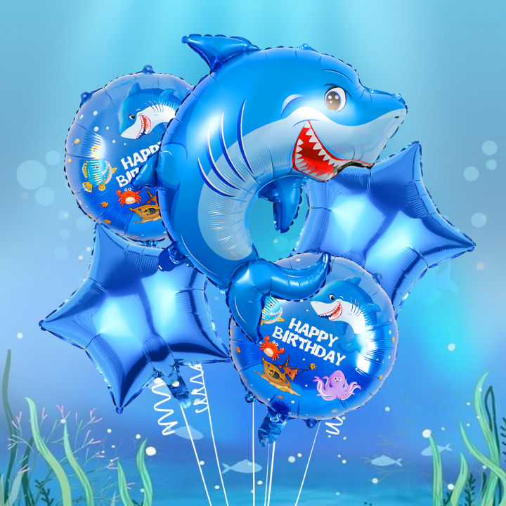 5pcs Ocean Shark Themed Party Decorations, Blue Shark Balloons, Happy ...