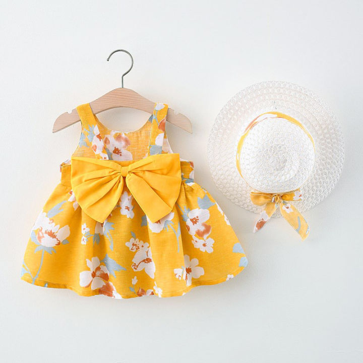 Summer 2/Piece Set Of Baby Girl Dress Hat Girl'S Big Bow Casual Cotton ...
