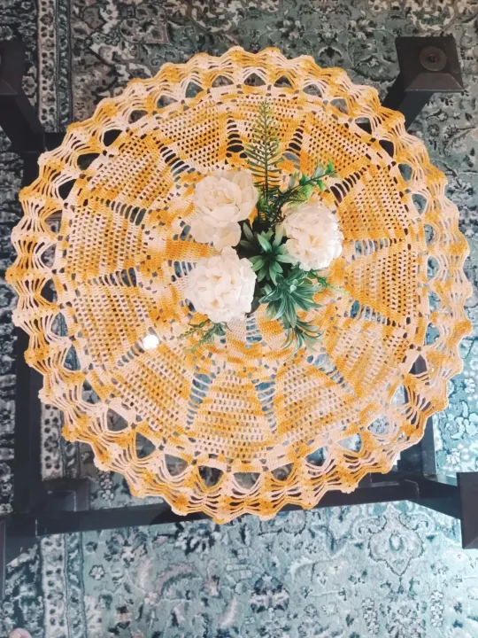 Handcrafted Yellow & White Crochet Doily with Floral Centerpiece ...