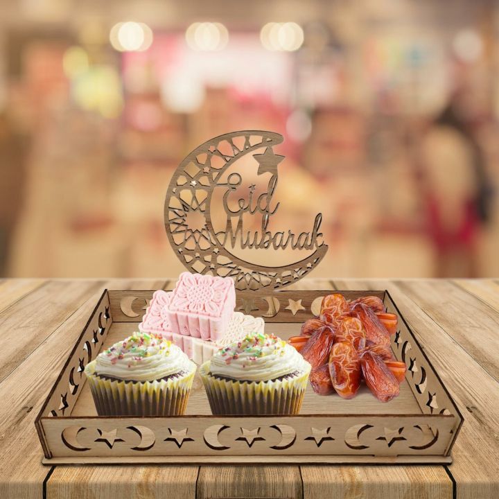 1pcs, Wooden Eid Mubarak Moon Star Tray for Ramadan Kareem Food Holder ...