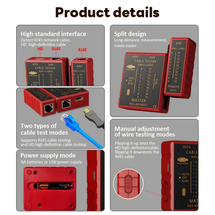 Multifunctional Network Cable Tester HDMI Compatible RJ45 8P8C LAN POE ...